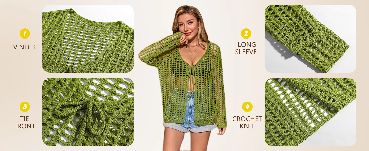 Women's Crochet Swim Cover Up - Long Sleeve Beach Cardigan, Hollow Out ...