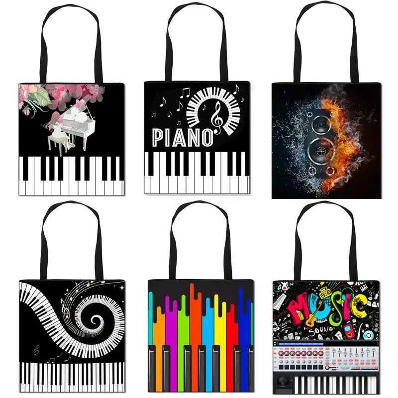 Large Capacity Piano Music Note Print Tote Reusable Shopping Bags For ...