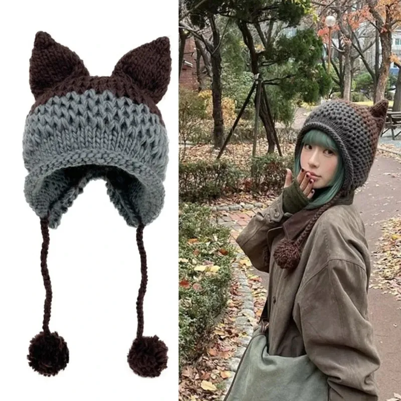 Women's Harajuku Cute Cat Ears Knitted Earflap Beanie Hat Winter Warm Plush Ball Pendant ...