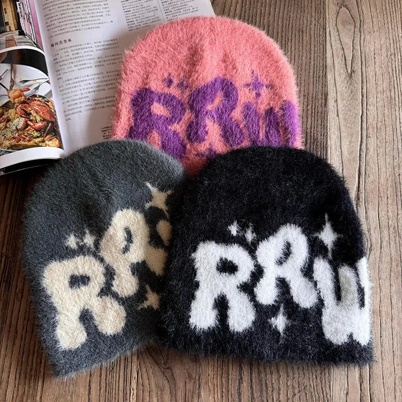 Y2K Letter Cute Cold Beanies for Men Women, Fluffy Plush Auutmn Winter ...