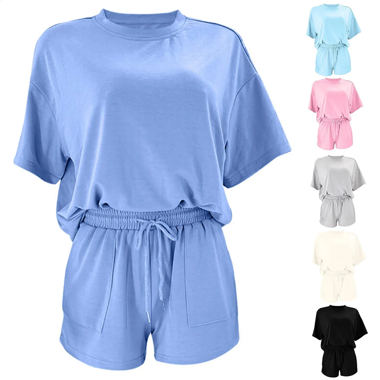 Short Set Fashion: Women's 2-Piece Summer Outfit - Solid Color Round ...