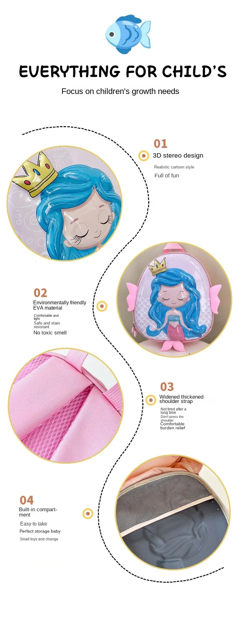 Cartoon Mermaid Backpack: Eva Eggshell Kindergarten School Bag for ...