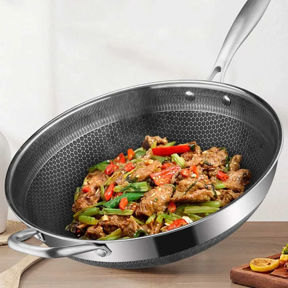 Stainless Steel Wok Honeycomb Frying Pan With Double Handles ...