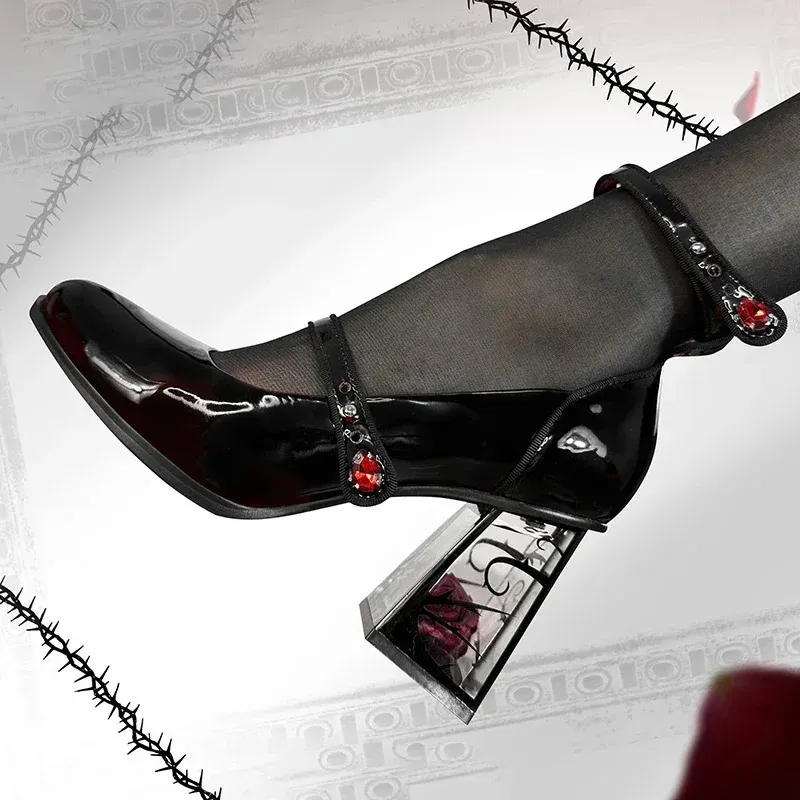 Punk Gothic Rose Heeled Patent Leather Red Diamond Heels With Ankle ...