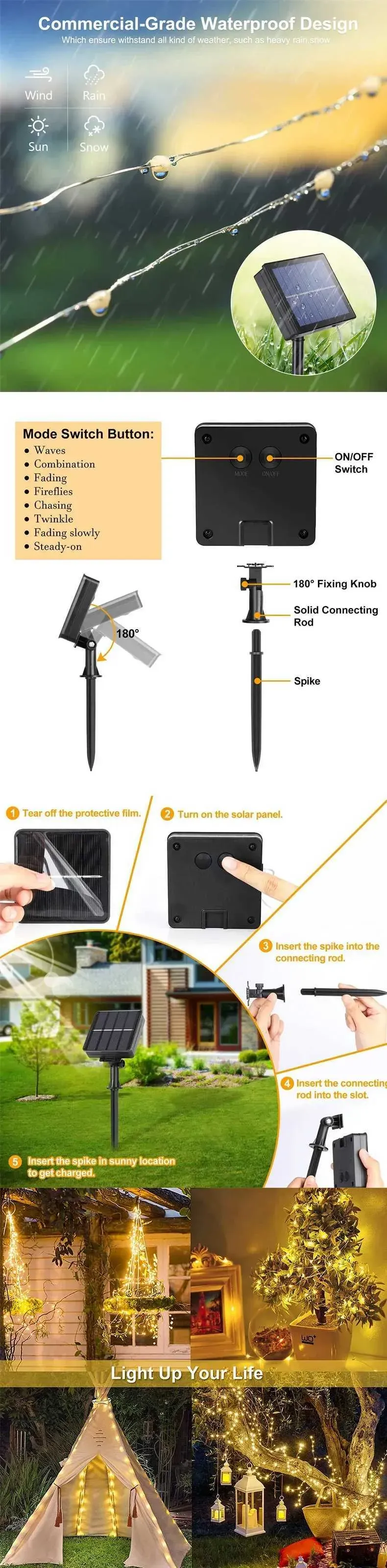 Solar Powered Led Fairy String Lights, Outdoor Waterproof Festoon ...