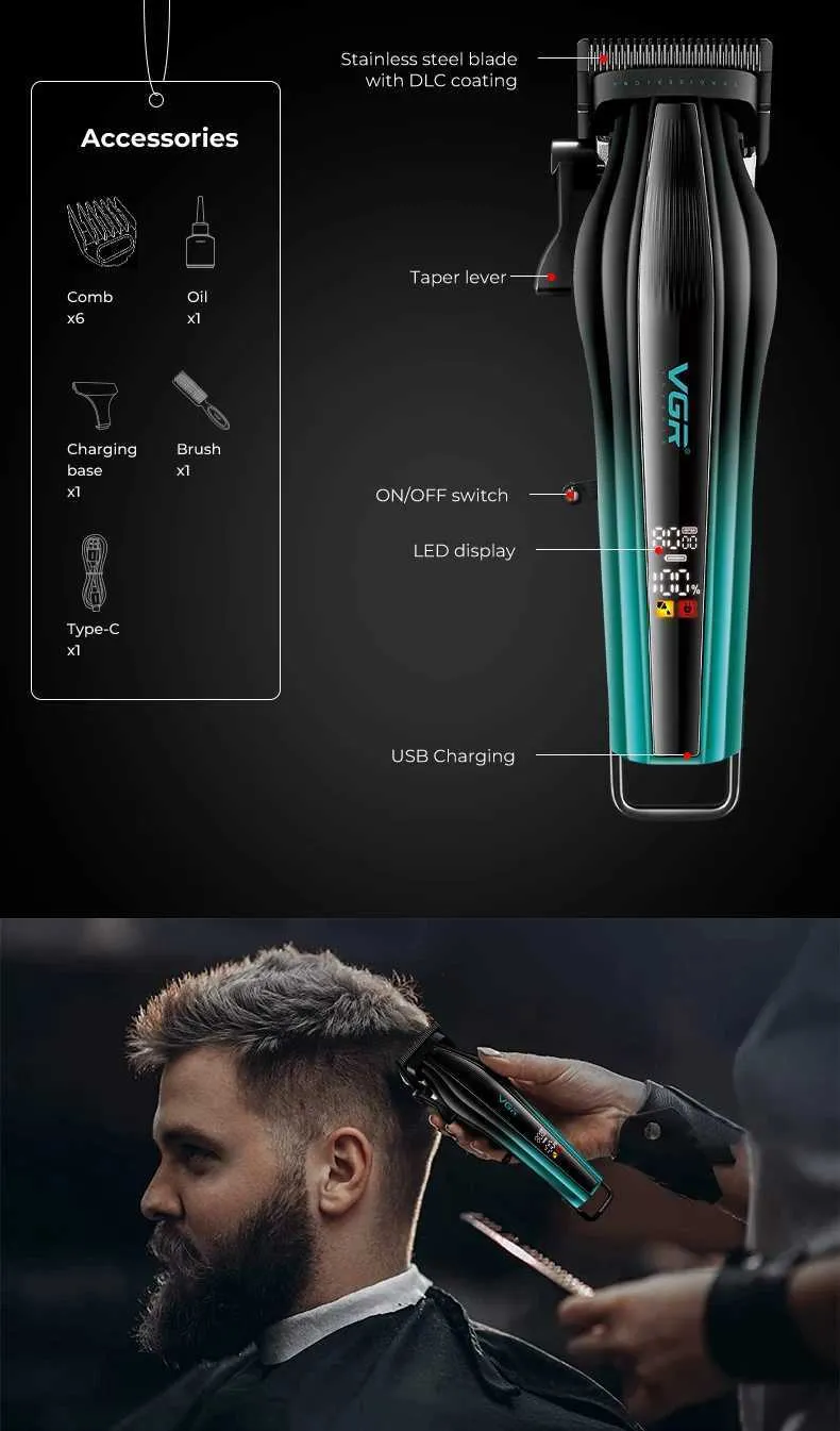 VGR Cordless Professional Men's Electric Hair Clipper Trimmer 7.7 in ...
