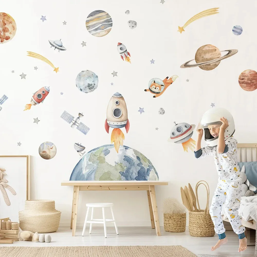 Watercolor Solar System Wall Stickers Planets, Rockets, Stars & Moon ...