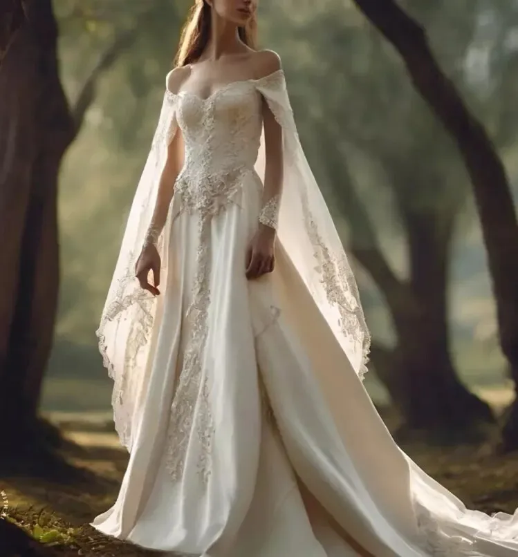 Off Shoulder Lace Satin A Line Bridal Gown with Lace Applique and Lace ...