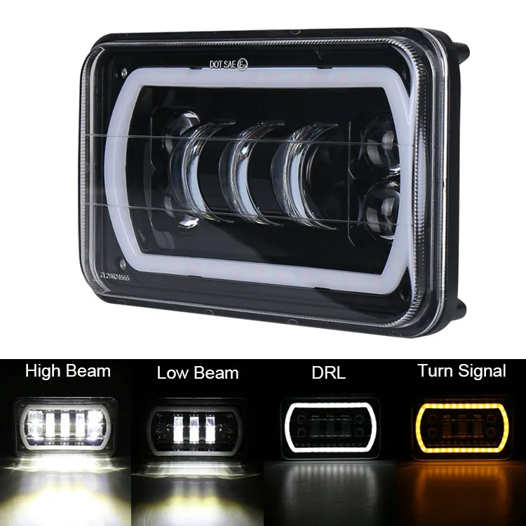 4x6 inch square LED headlight with 6500K white and yellow angel eye for ...