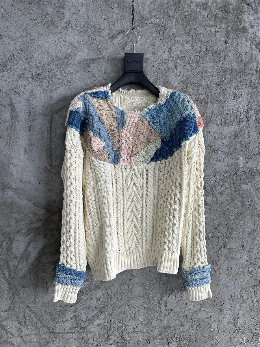 Pure Cotton Patchwork Pullover Knitted Sweater, Retro Thickened Warm Round Neck Tie Dyed Sweater ...