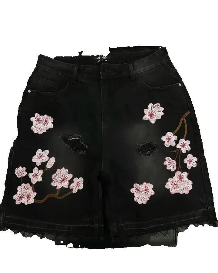 Men's Vintage Cherry Blossom Flower Denim Shorts With Floral Embroidery ...