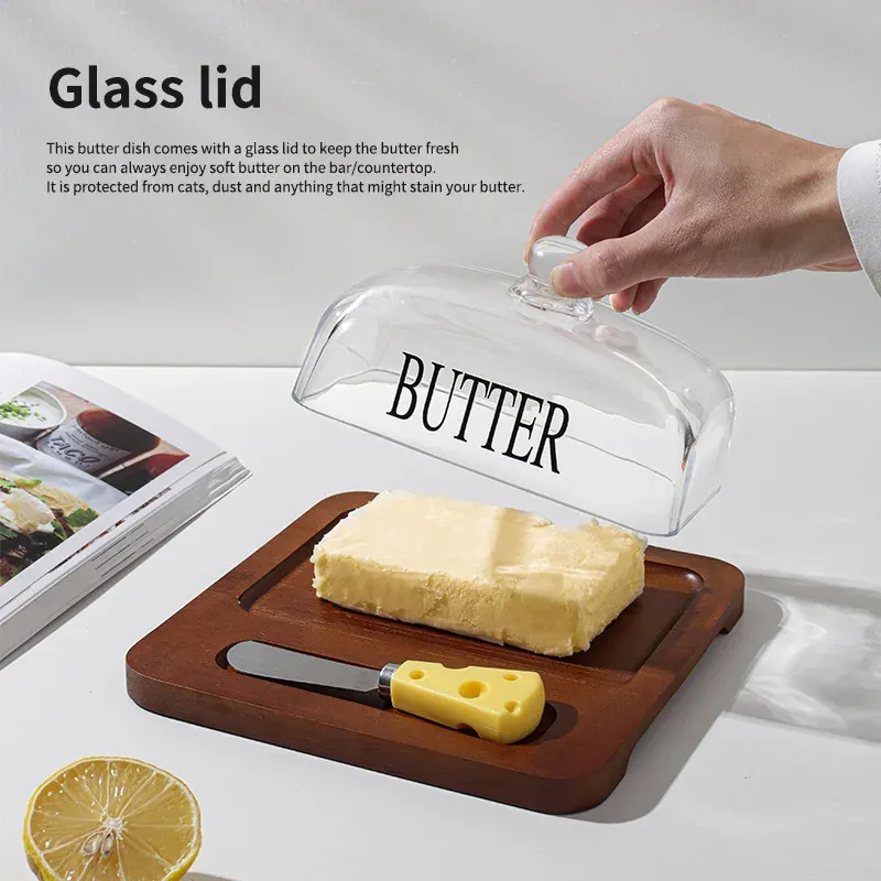 Wooden Butter Dish Glass Lid Cheese Box Butter Cheese... From ...