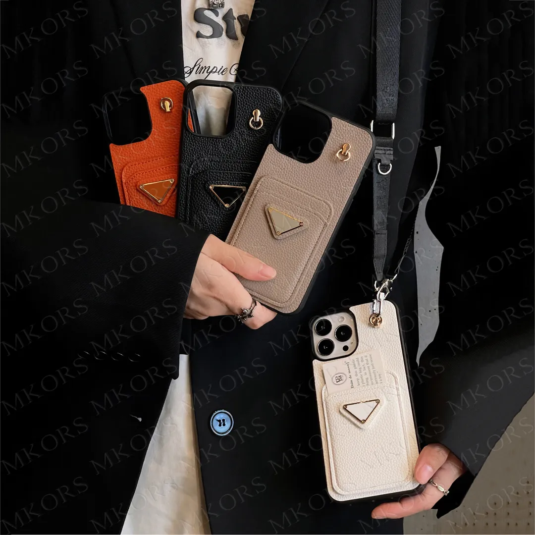 Lychee Leather Card Pocket Phone Case with Rivet Shoulder Strap for ...