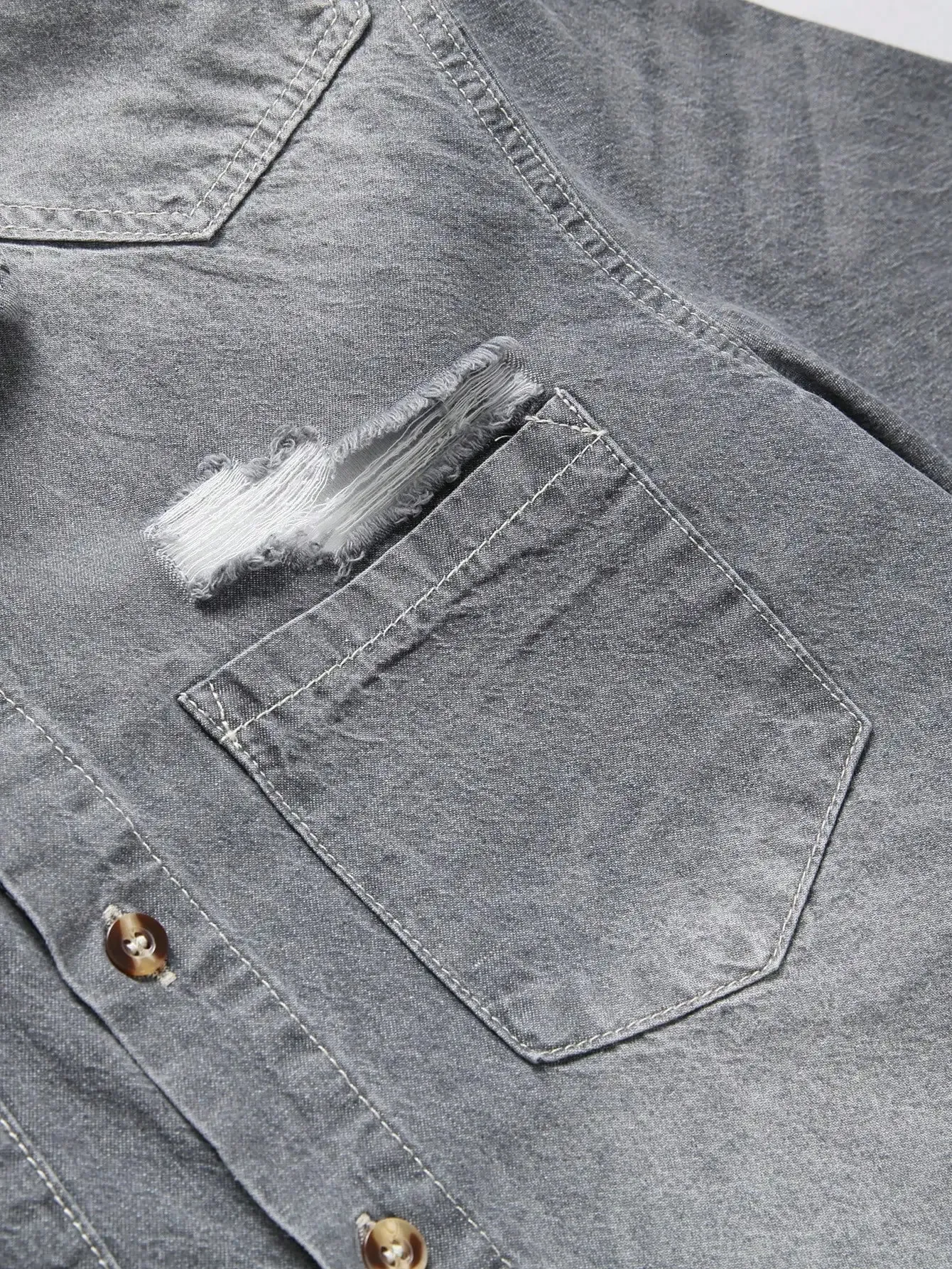 Men's Summer Grey Denim Short Sleeve Shirt with Distressed and Ripped ...