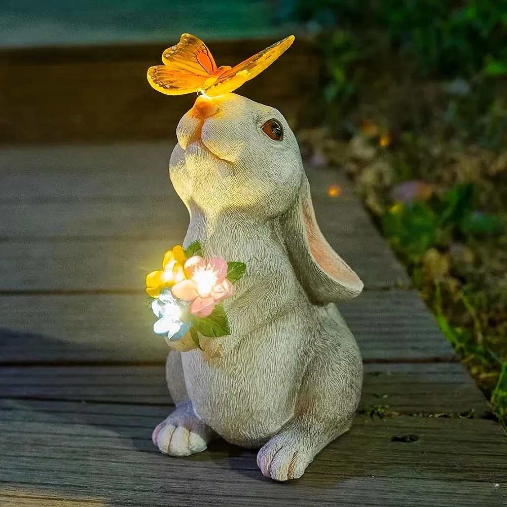 Solar Bunny Statue Garden Decor With LED Butterfly Light Resin Outdoor ...