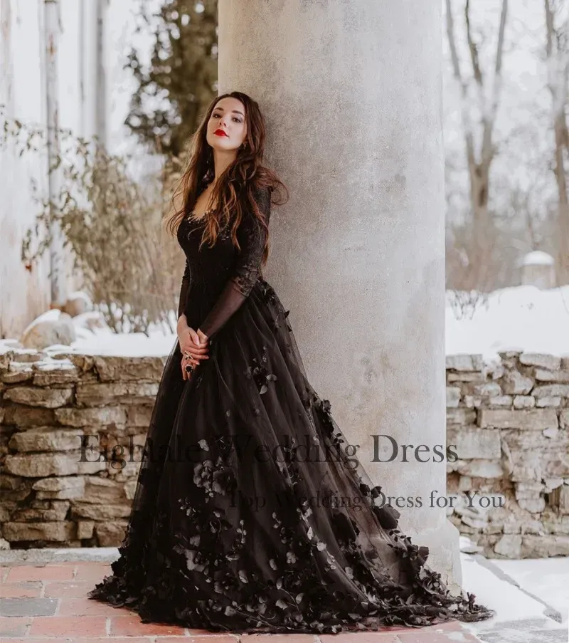 Black Gothic A Line Wedding Dresses O Neck Appliques Lace Hand Made ...