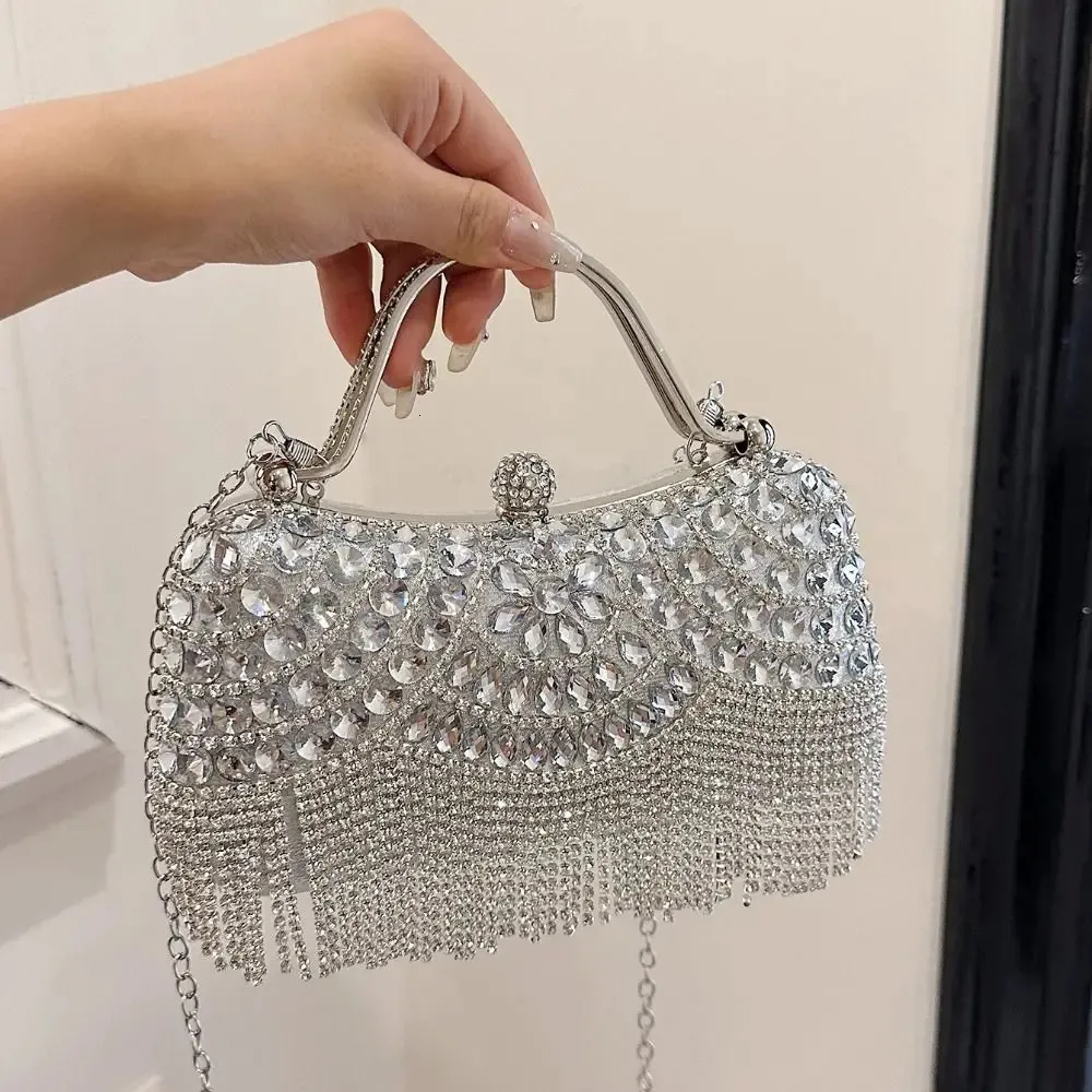 Sparkling Rhinestone Tassel Silver Beaded Evening Bag With Top Handle ...