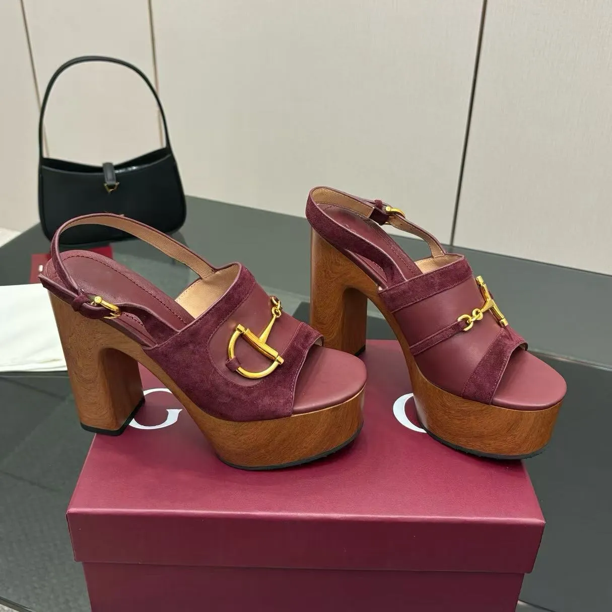 Bulk Wine Red Suede Chunky Heel Sandals Chic 13cm Peep Toe Pole Dance ...