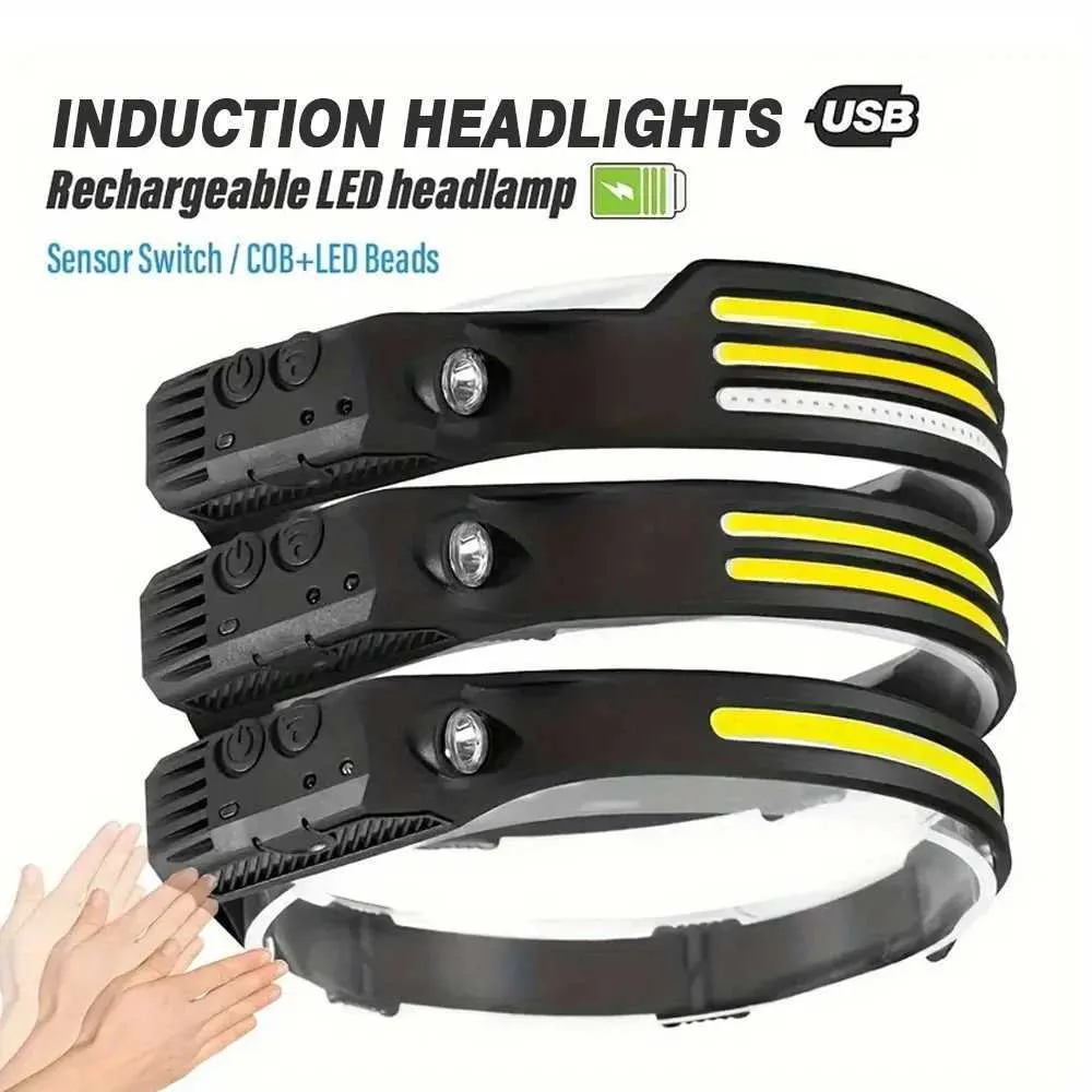 LED & COB USB Rechargeable Headlight With Motion Sensor For Running ...