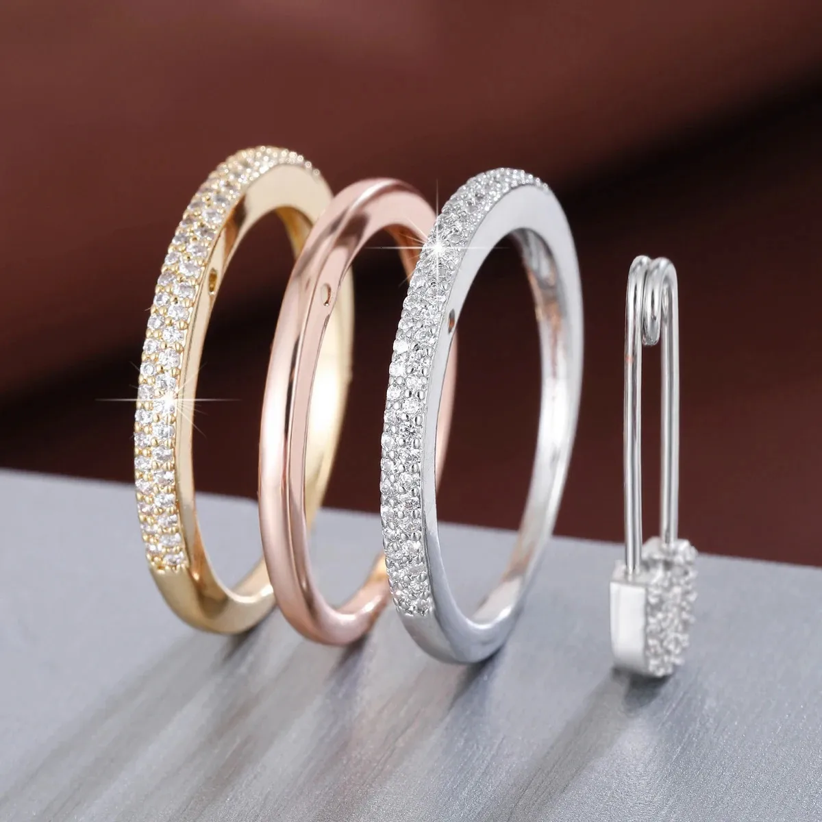 Lady Fashion Pin Connection Three Layer Ring for Women, Jewelry Gift ...