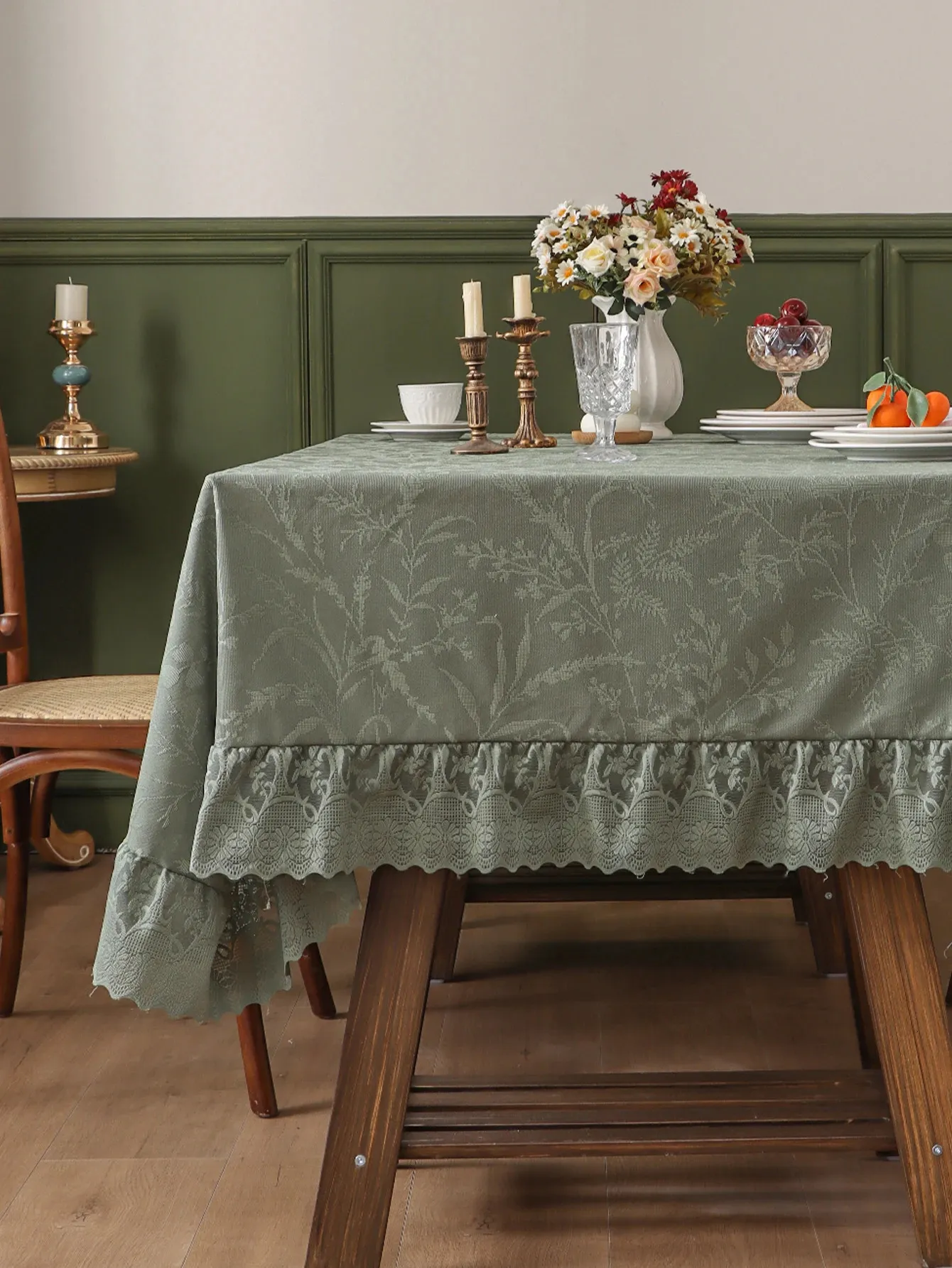 Rustic Style Green Thickened Lace Ruffle Tablecloth for Living Room ...