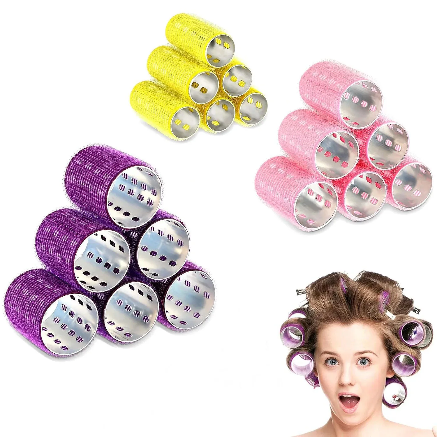 Aluminum Thermal Hair Rollers Set Self Grip Hook & Loop Styling Curlers ...