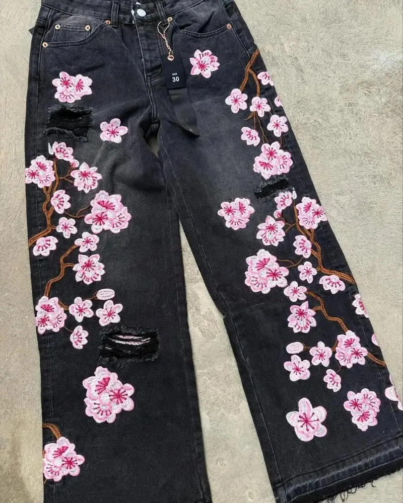 Men's Jeans Streetwear Retro Hip Hop Flower Embroidery Pattern Y2k ...