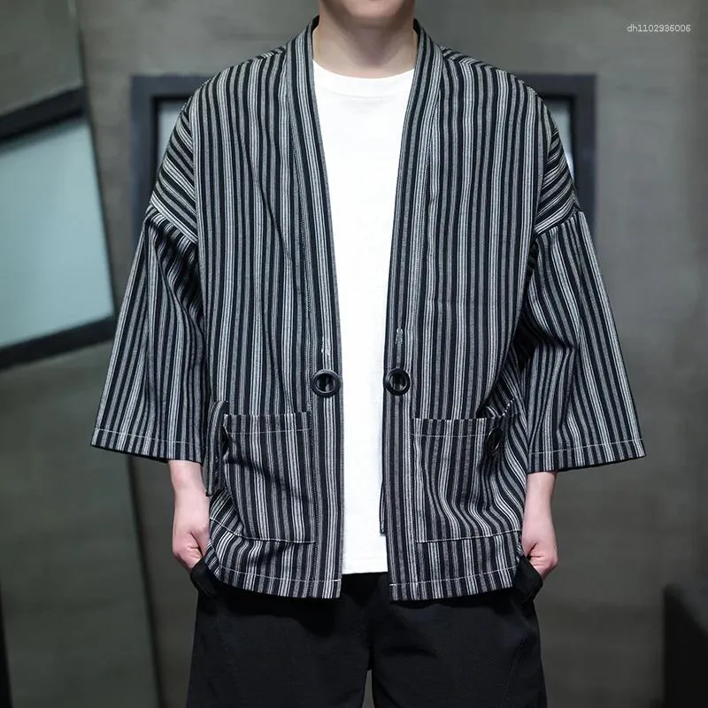 Men's Kimono Robe: Black Striped Open Front Cardigan, Lightweight Beach ...