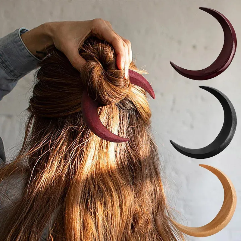 Simple Wood Moon Hair Sticks Hand Carved Wooden Crescent Hairpins For ...