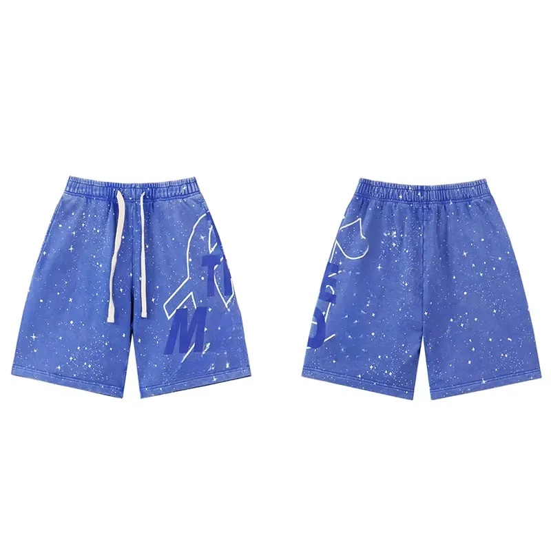 Real Photo Retro Washed Splash-Ink Shorts Letter Print Casual ...