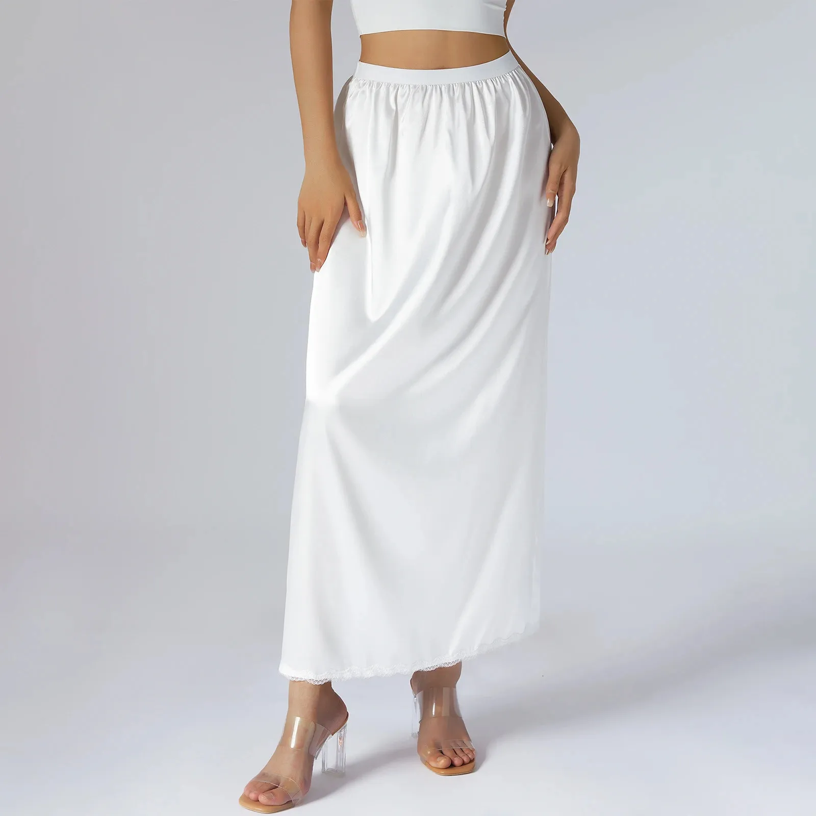 Women's Satin Women's White Midi Skirt With Elastic Waist And Inner ...