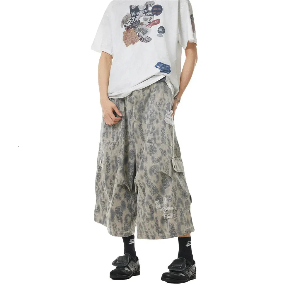Leopard Print Ripped Cargo Shorts for Men, Multi-Pocket Retro ...