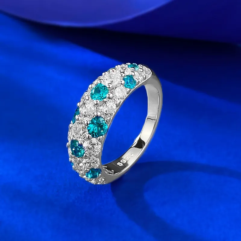 New S925 Silver Green Half Ring Starry Sky Ring For Women CZ Diamond ...