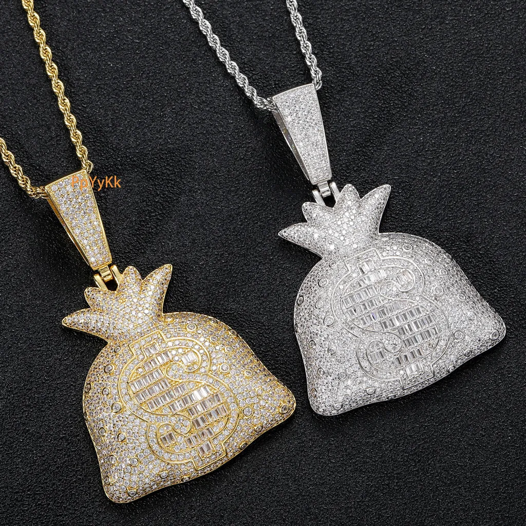 Statement Money Bag Pendant Necklace: Iced Out Hip Hop Style, 18K Gold ...