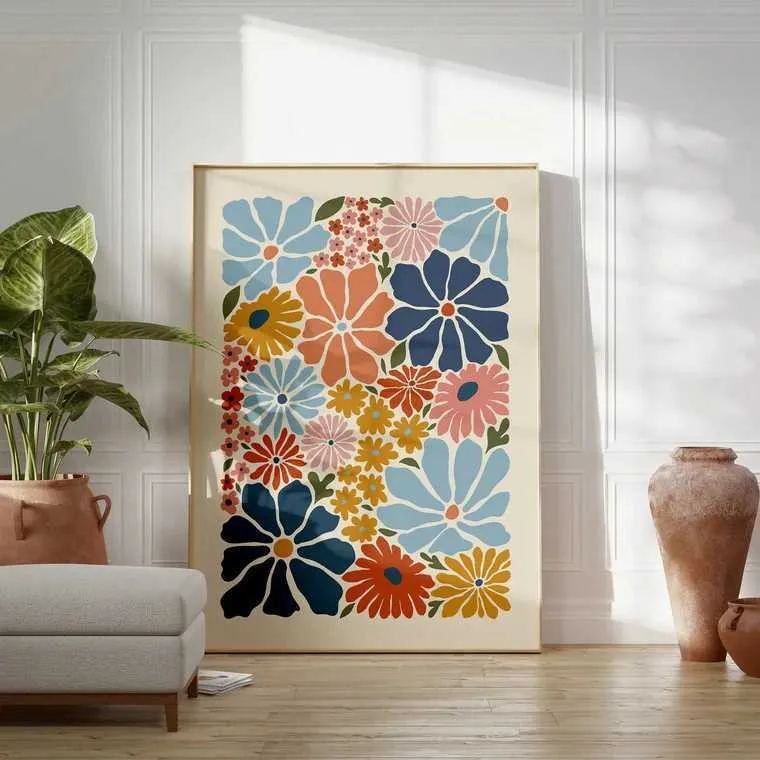 Vintage Boho Flower Art Poster, Botanical Wall Art Print, Abstract ...