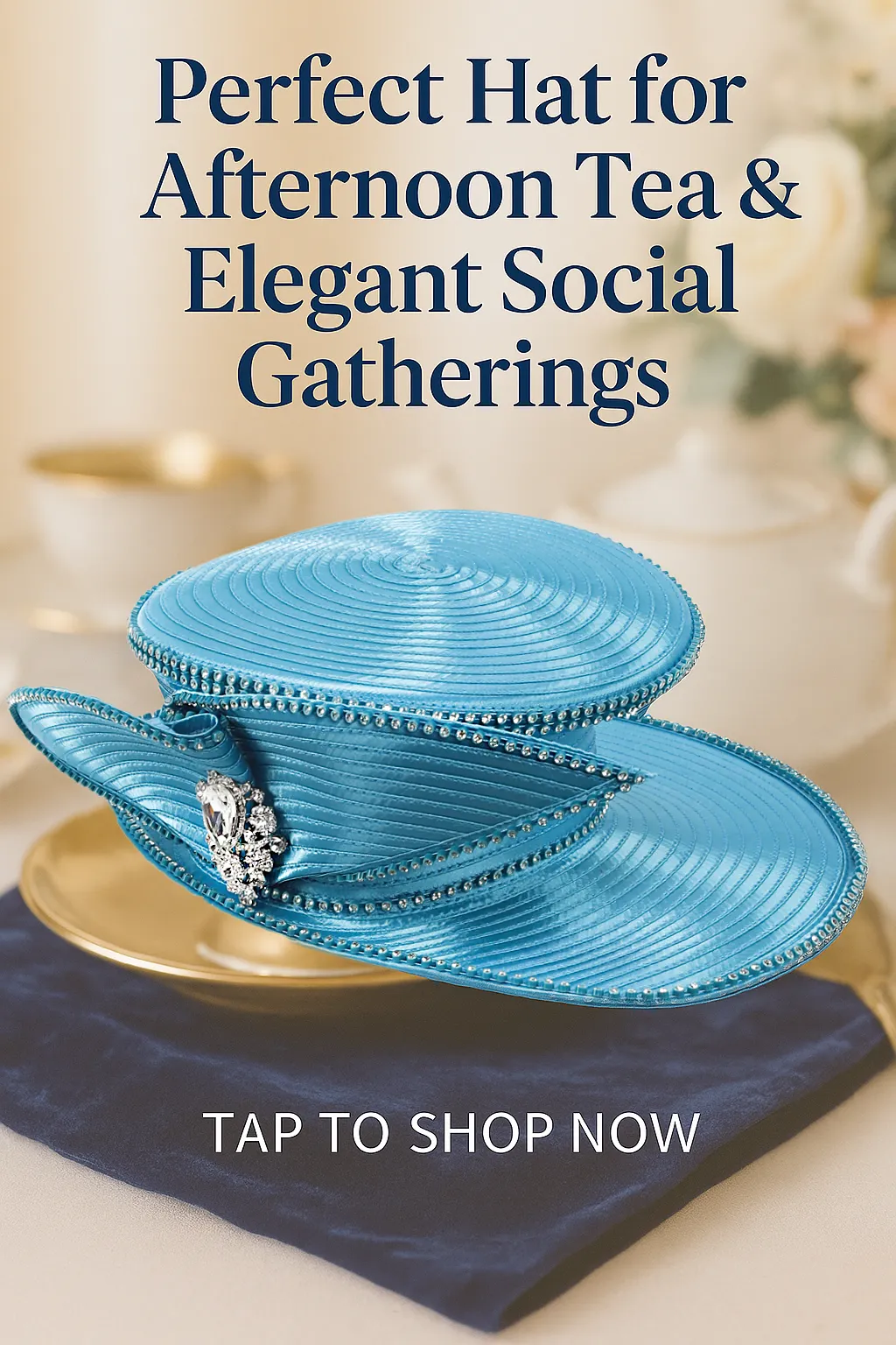 Elegant Women's Blue Church Hat - Wide Brim Derby Hat with Rhinestone ...