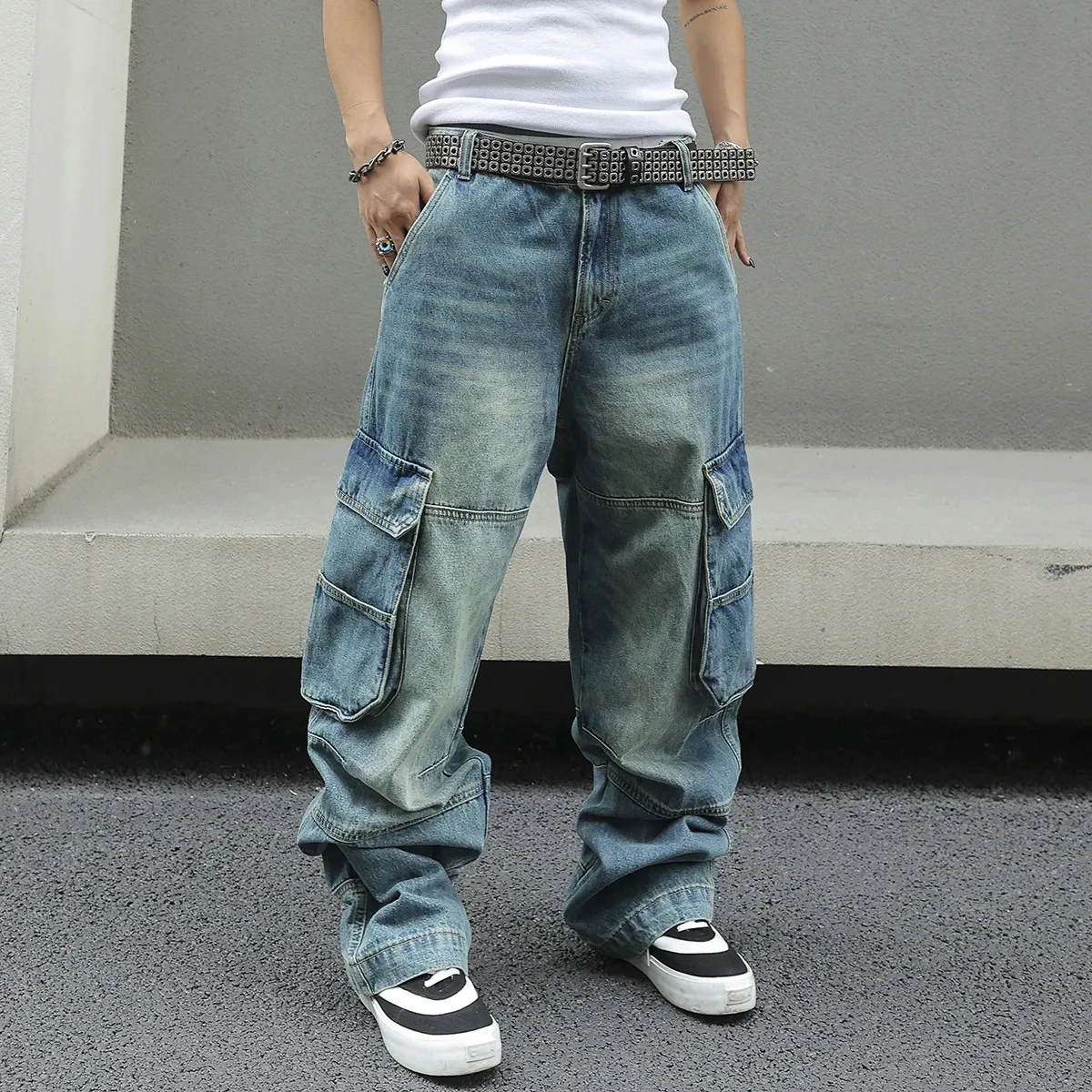 Mens Baggy Denim Cargo Pants Multi Pocket Wide Leg... From Charm ...