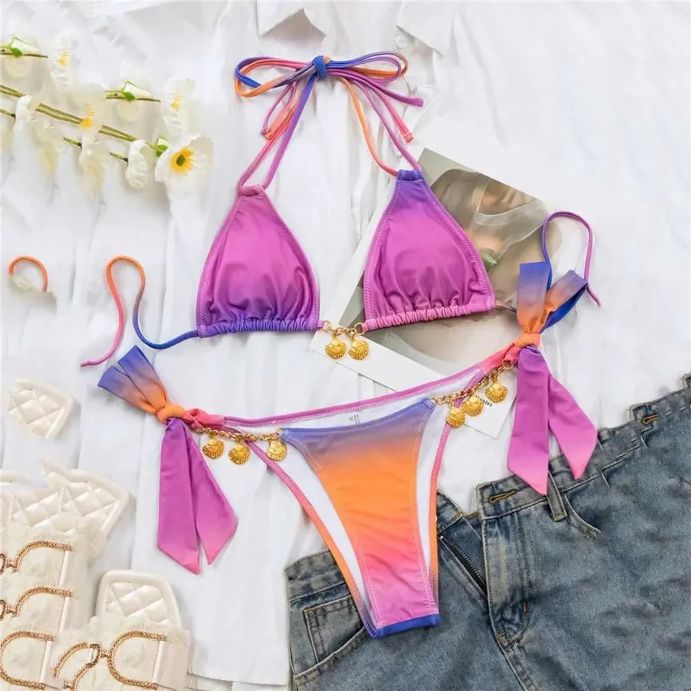 2025 Sexy Gradient Halter Color Changing Bikini Amazon With Metal Shell ...