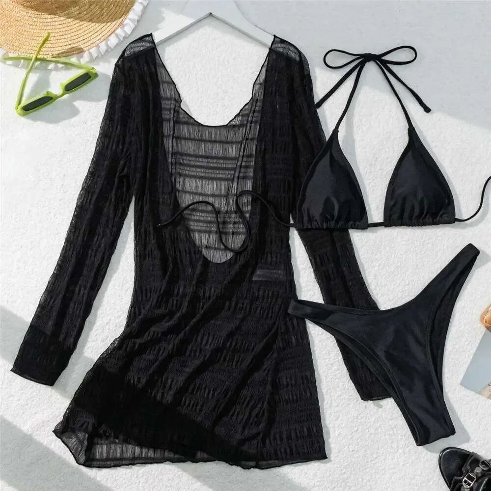 2025 Sexy Black Halter Triangle Swimsuit Set With Backless Design ...