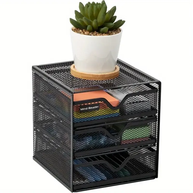 Black Metal Mesh Desktop Organizer With 3 Tier Drawer Storage For ...
