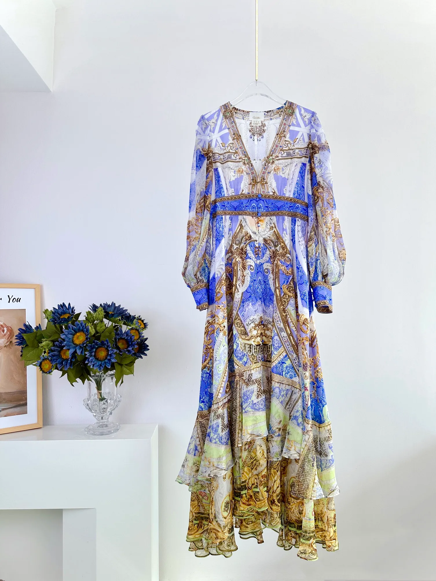 Designer Silk Chiffon Long Dress Layered V Neck 100% Silk Maxi Dress ...