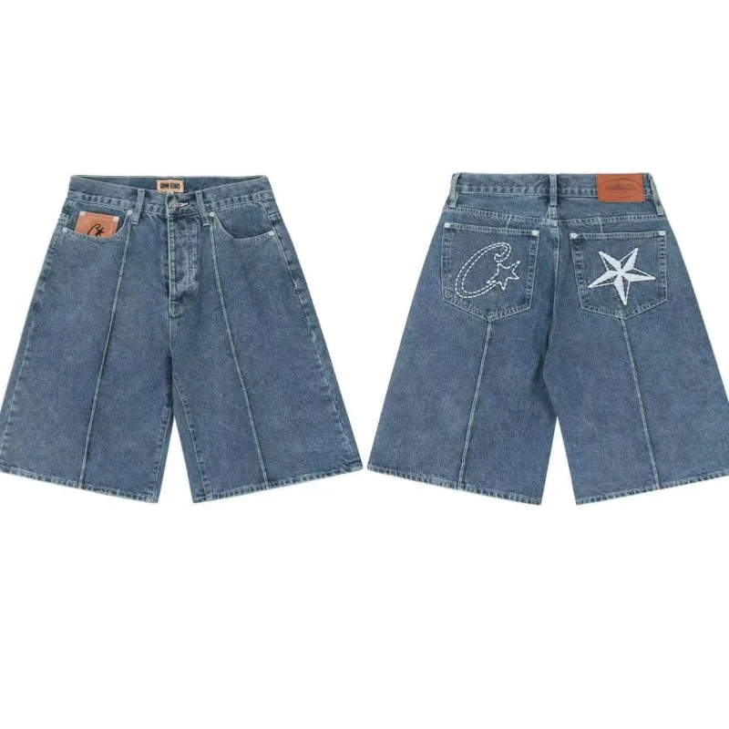 DEEPTOWN Y2k Hip Hop Acrylic Denim Shorts Mens Casual Wide Leg Capris ...
