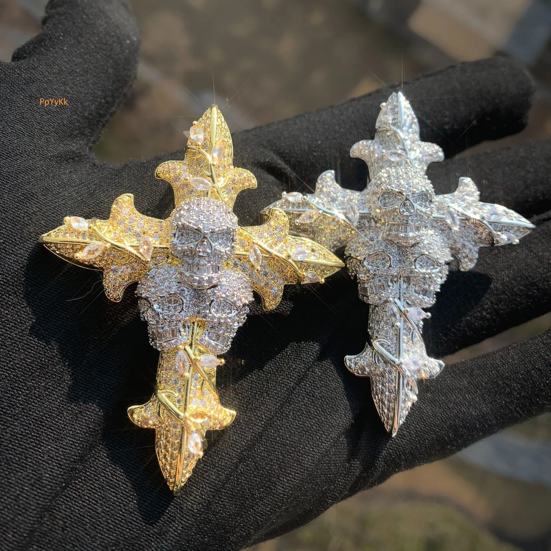 Luxury VVS Moissanite Hip Hop Double Skull Cross Pendant Necklace Iced ...