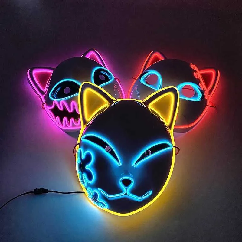 Light Up Masks: Japanese Demon Mask LED Full Face Halloween Cosplay ...