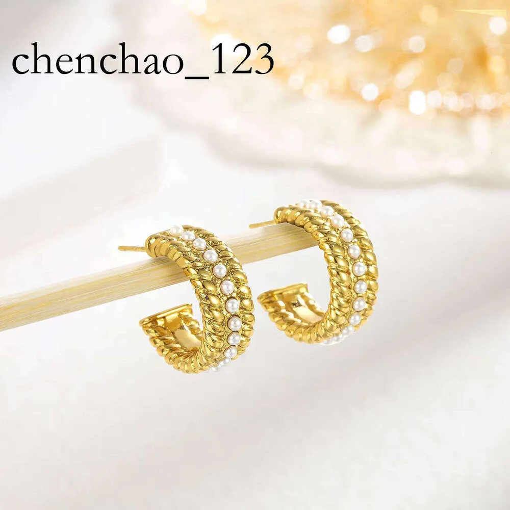 French Gold Plated C Type Stainless Steel Hoop Earrings with Pearl ...