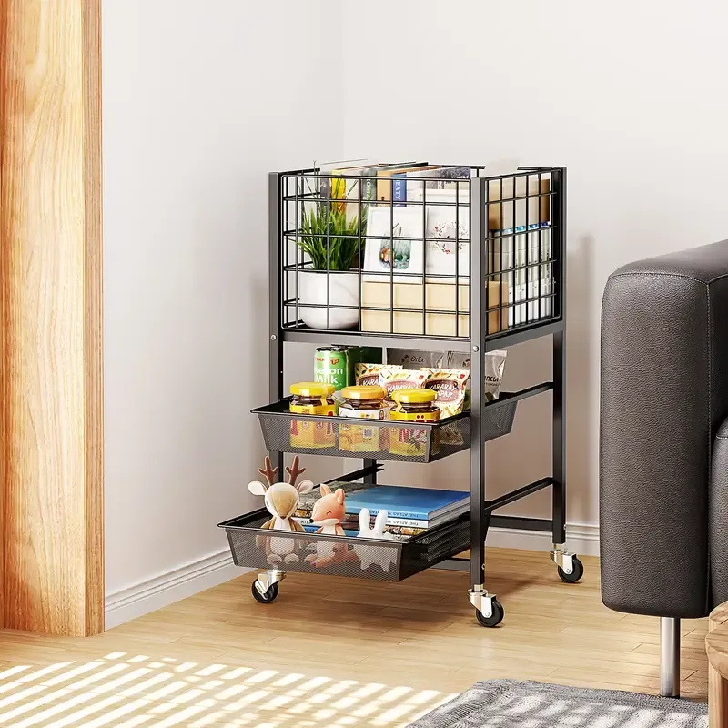 Mobile Living Room Storage Trolley: 3 Mesh Drawers, Stores Snacks ...