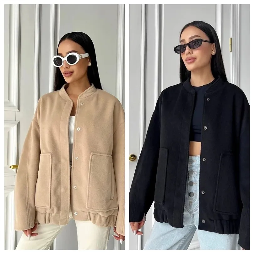 Loose Bomber Jacket Women Autumn Winter Casual Terry Pockets Long ...