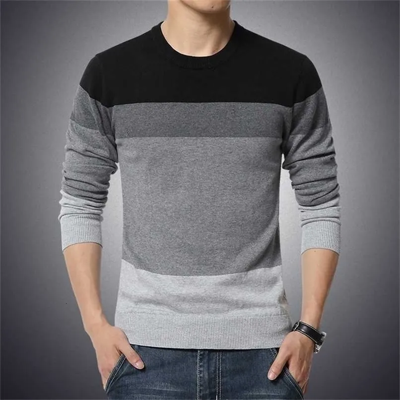 Men's O-Neck Striped Slim Fit Knit Sweater, Long Sleeved Pullover, Thin ...