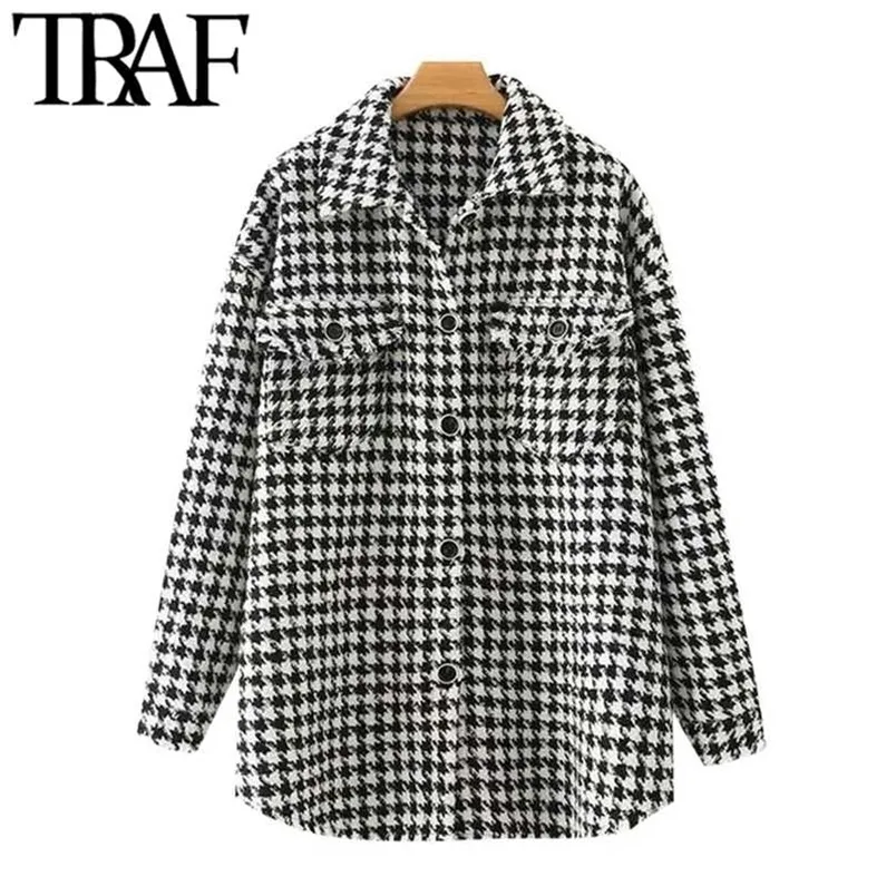 Traf Women's Fashion Oversized Houndstooth Frayed Tweed Jacket Coat ...