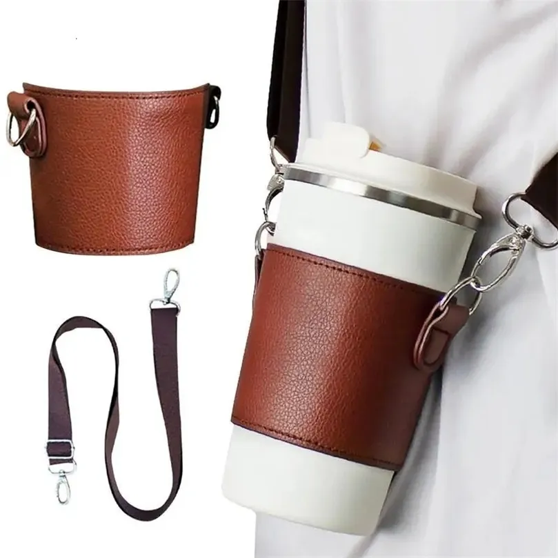 Portable Coffee Cup Holder Bag Water Bottle Sleeve, PU Leather Pouch ...